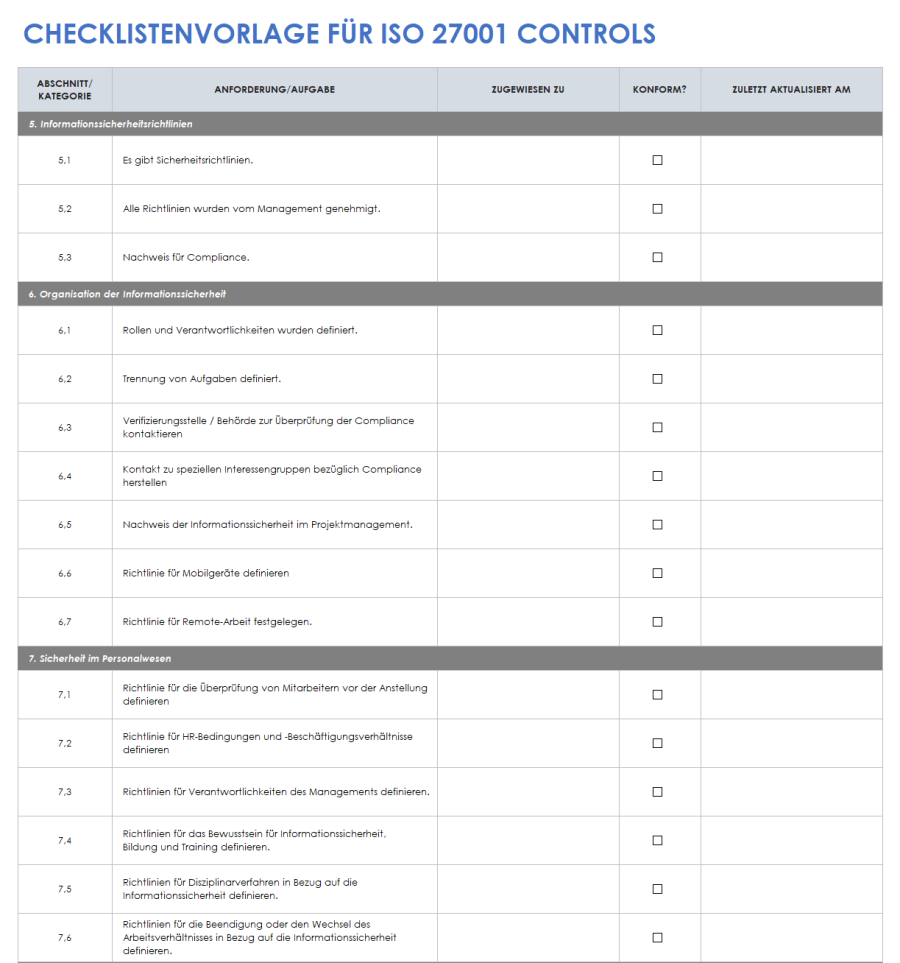 Kostenlose ISO-27001-Checklisten und -Vorlagen | Smartsheet
